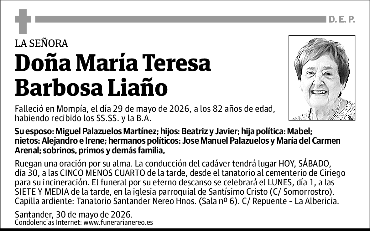 María Teresa Barbosa Liaño | Esquela | El Diario Montañés